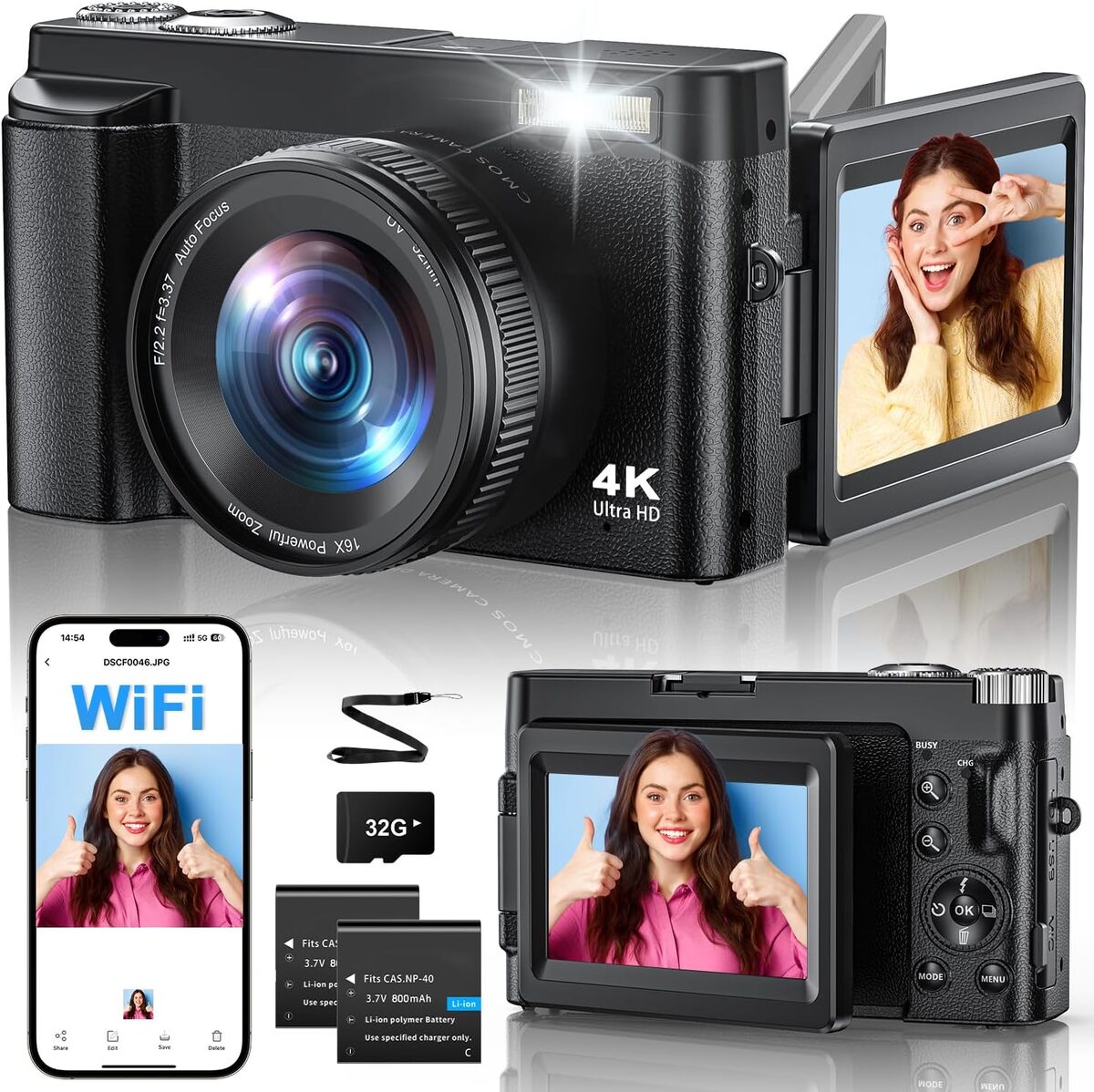 Test de l'appareil photo 4K 64MP avec écran rabattable et WiFi